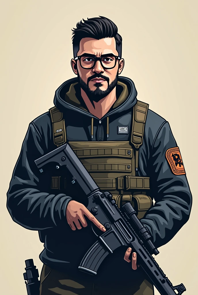 A simple drawing to make a logo, a guy with glasses holding an airsoft ...
