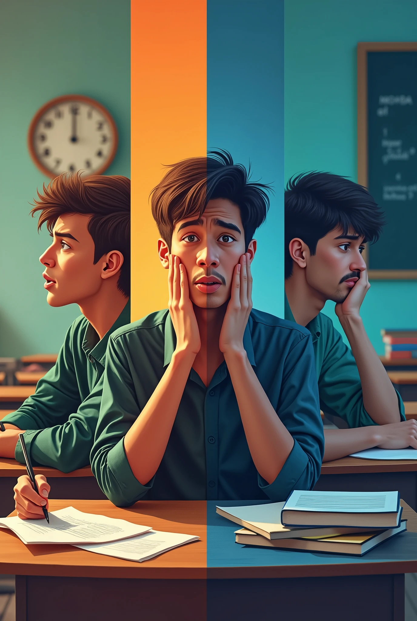 There are three men sitting at a desk in a classroom - SeaArt AI