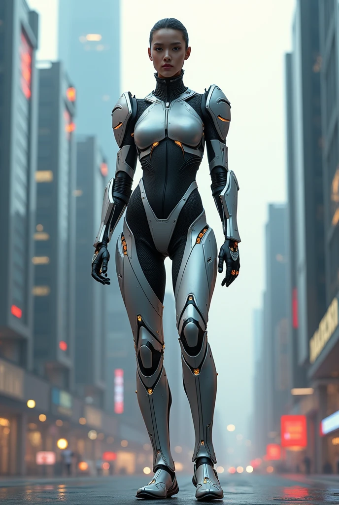 A woman with robot legs with a half cyborg face tall robot legs bear ...