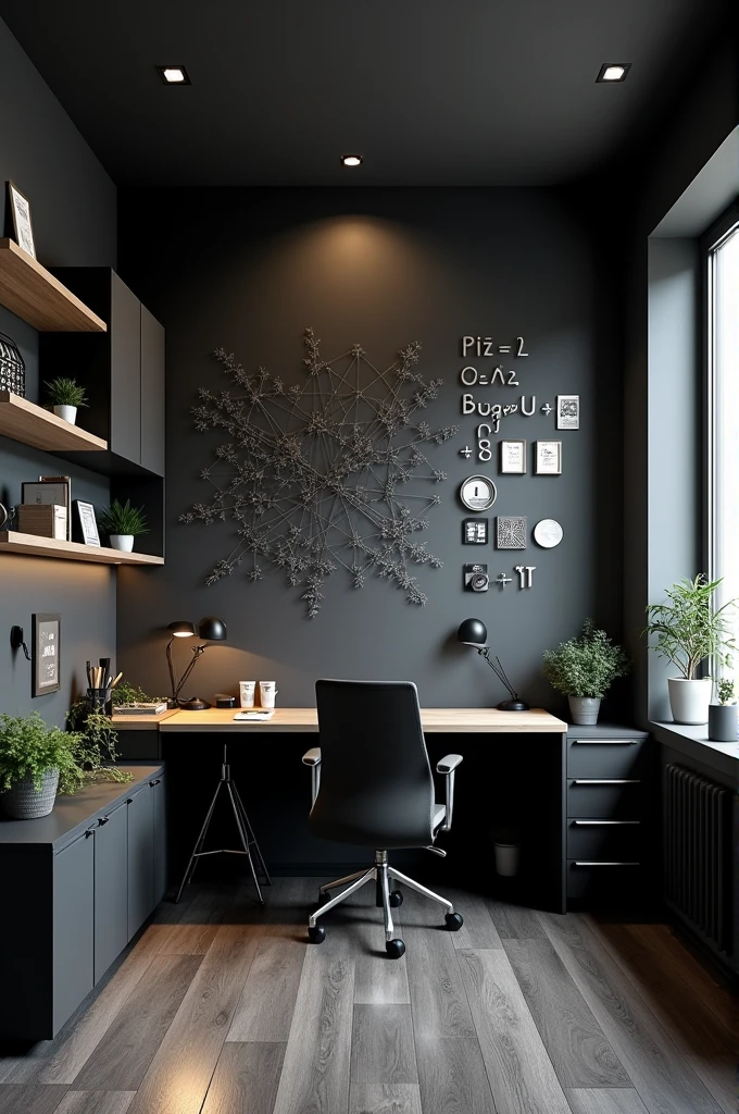 Create a room decorated with a math theme and simple black and silver ...
