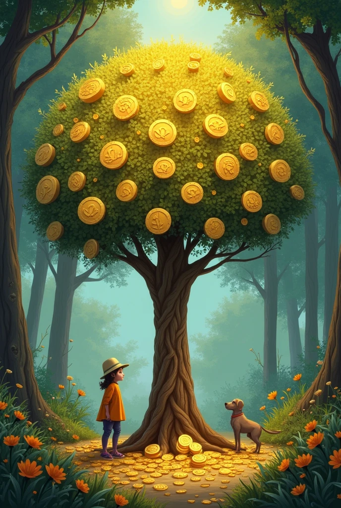 The secrets of the coin tree In the center of a small forest - SeaArt AI