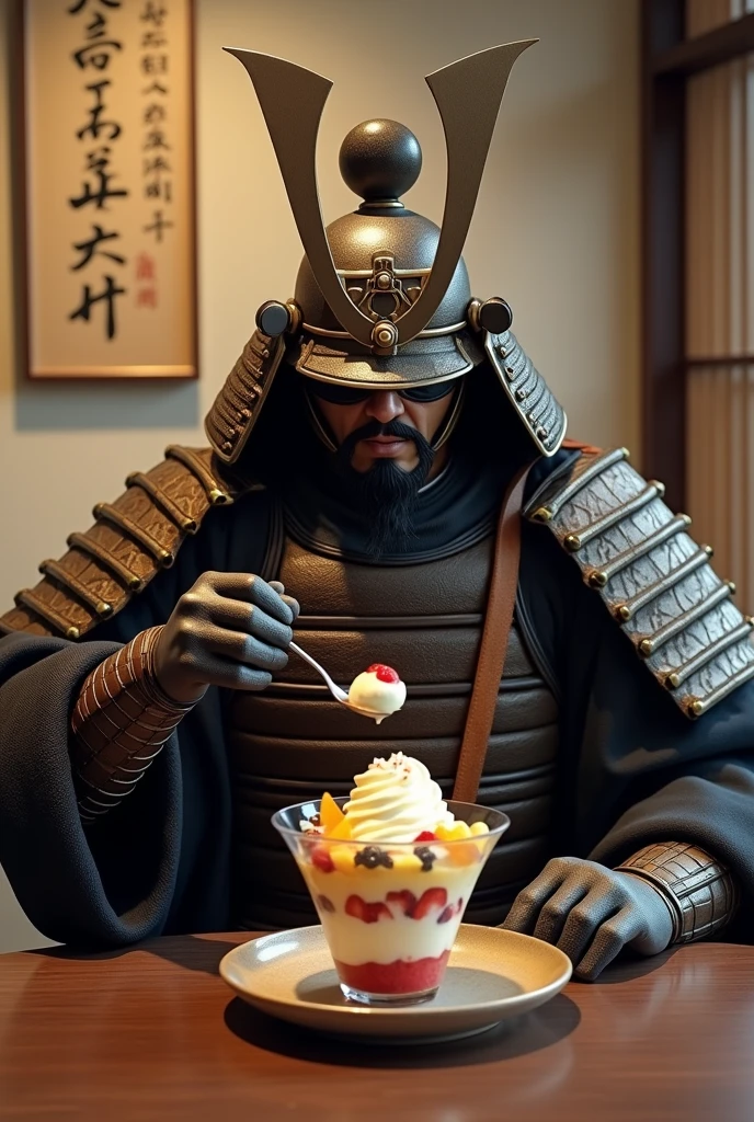 Samurai eating a parfait - SeaArt AI