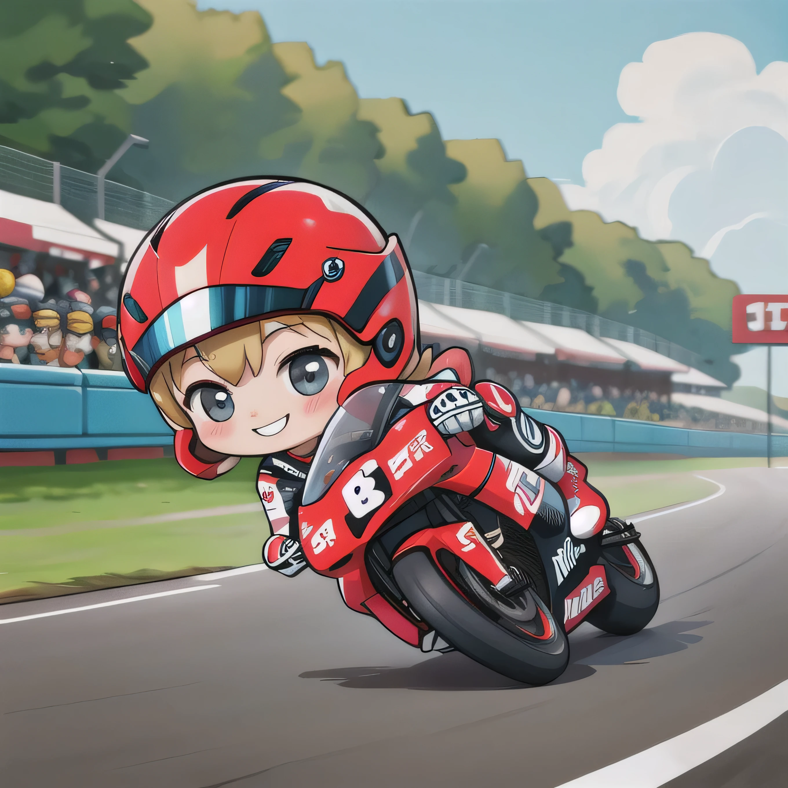 Cartoon of a person riding a motorcycle on a race track - SeaArt AI