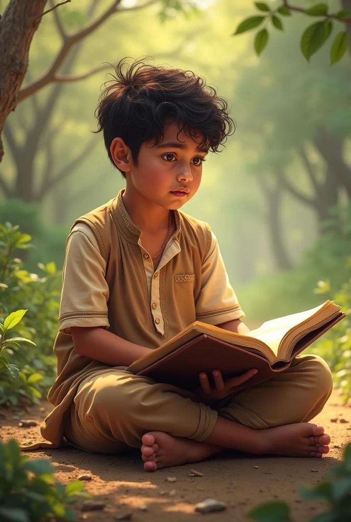 Young Arjun: "A boy, Arjun, sitting on the ground with a determined ...