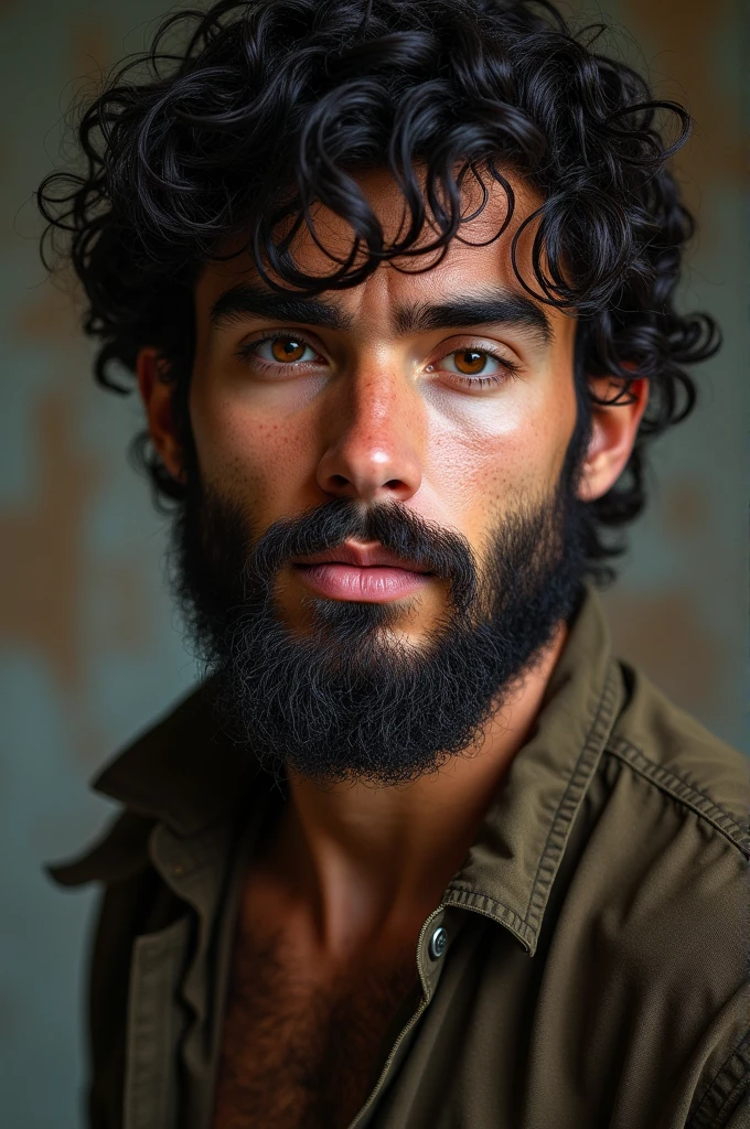 A young man with rugged features. Has almond shaped eyes of a hazel ...
