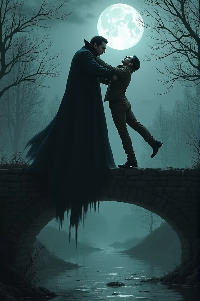 The silhouette of a vampire in a black overcoat holding a man in a thin ...