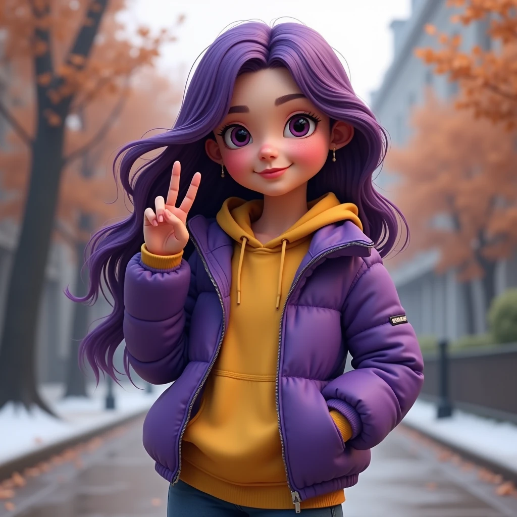Teen Dora The Explorer in autumn clothes, unzipped purple jacket ...