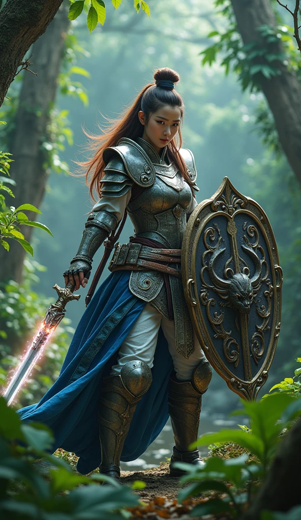 A beautiful Korean woman with long brown spiky mullet hair, wearing a complicate - SeaArt AI