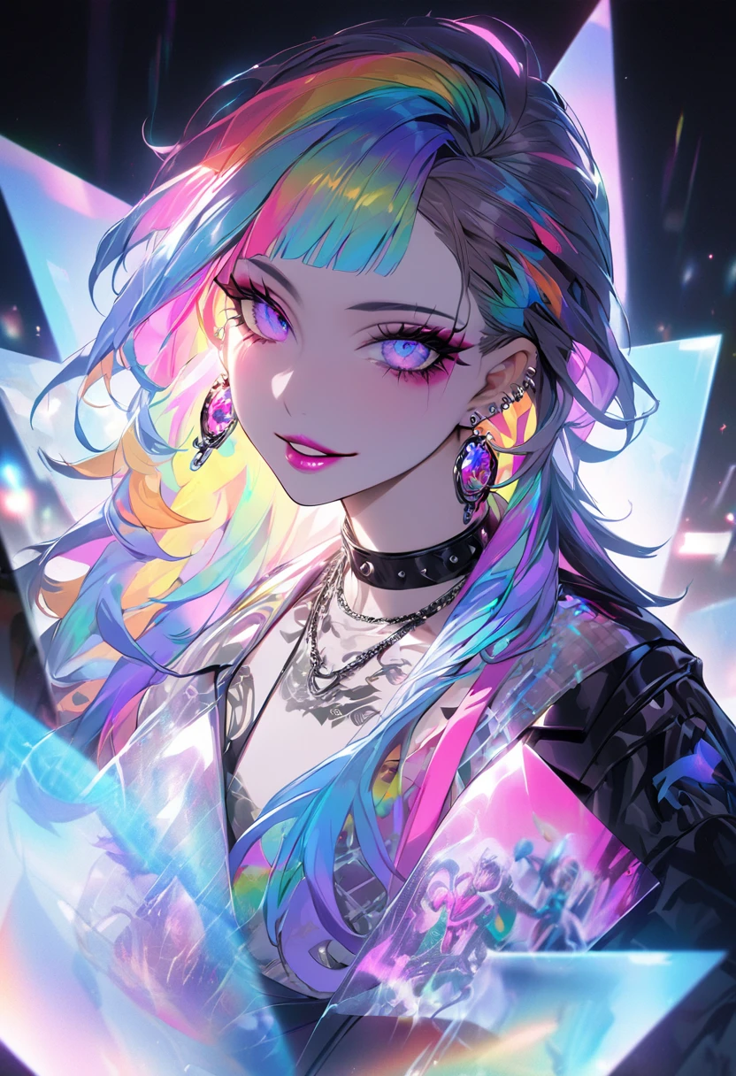 1 girl, Holo-punk style, rainbow hair, Earrings, eyelashes, grin ...