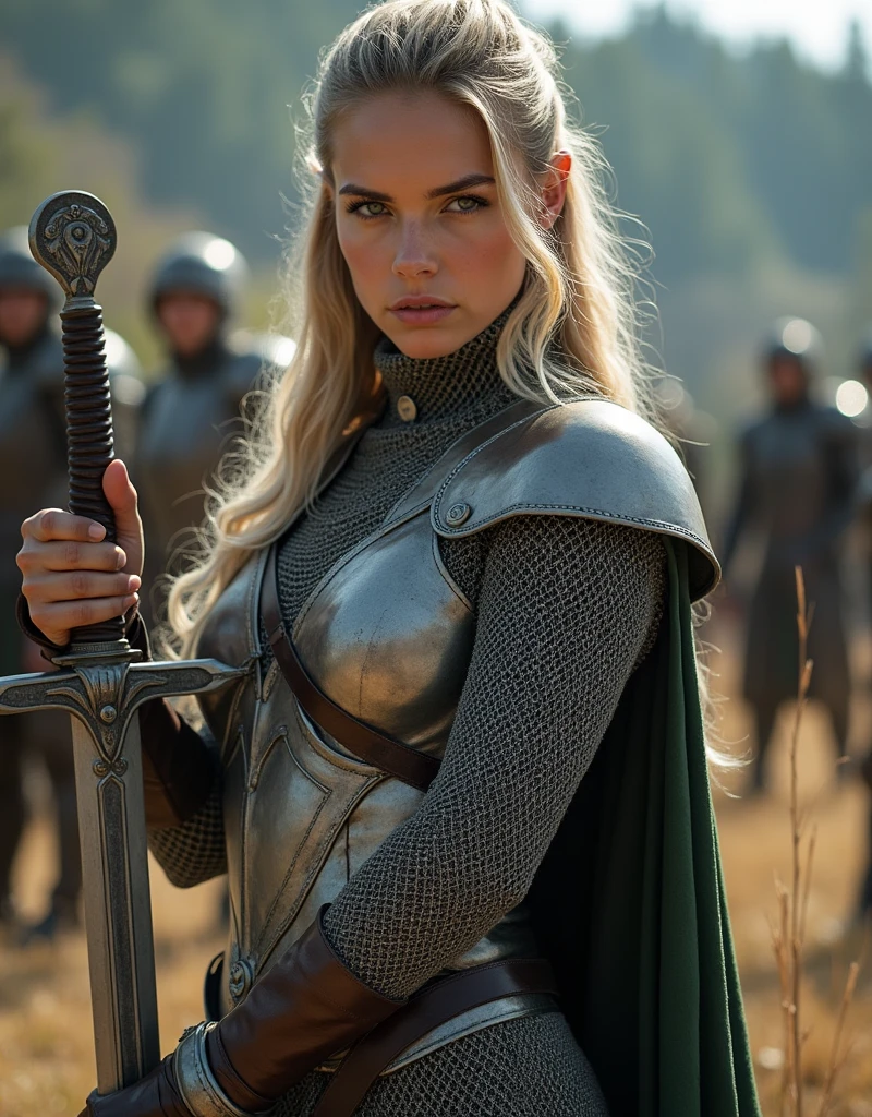 Elf, warrior woman in chainmail armor wielding a sword. She is a fierce ...