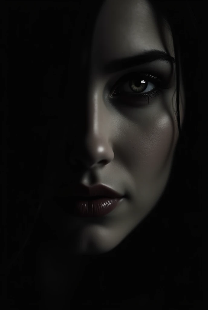 **Close-up of a woman's face**, half-covered in shadows, with only one ...