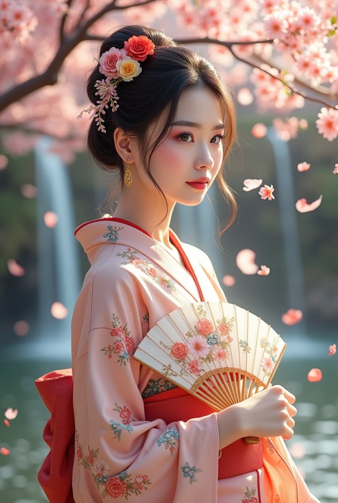Beautiful Japanese woman in traditional kimono smiling at a fan she ...