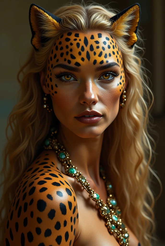 A mesmerizing leopard woman with sleek, golden fur patterned with deep ...