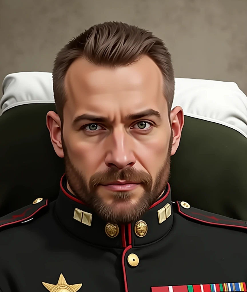 A tall, well-built young man with brown hair and grey eyes. A trimmed ...