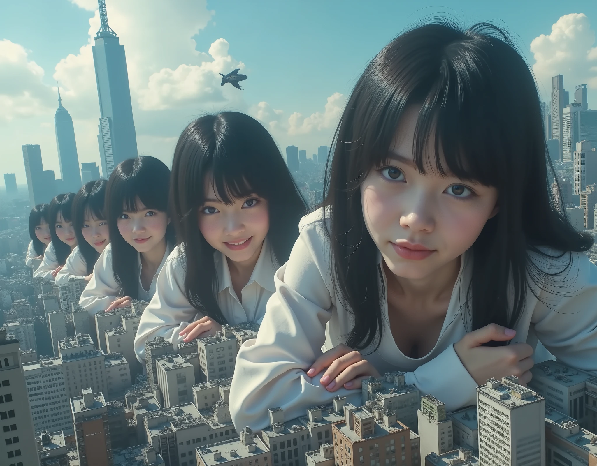 There are many asian women posing for a picture on a high rise - SeaArt AI