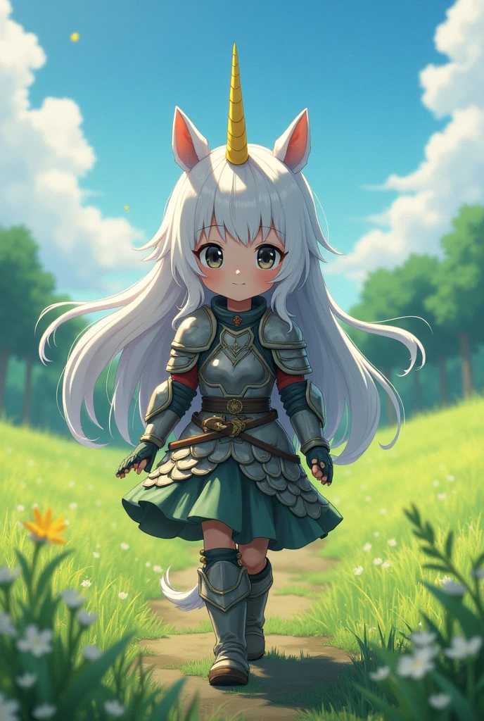 Girl in scale armor, the girl has a yellow unicorn horn in the midle of ...