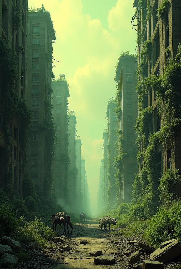 A post-apocalyptic scene with nature reclaiming an abandoned city ...