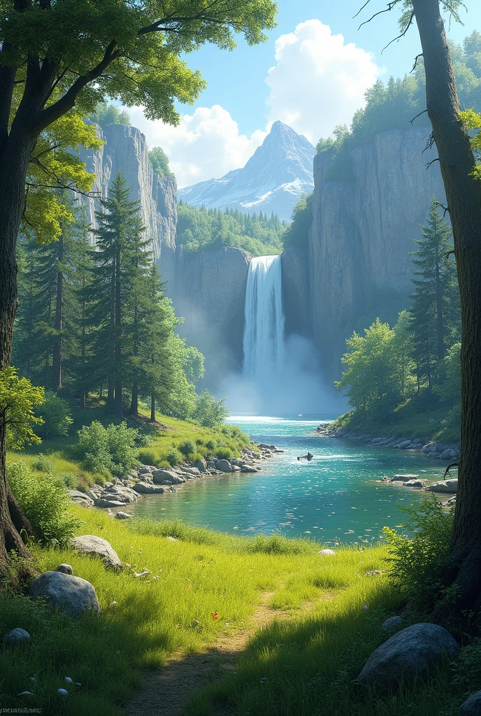 Write a landscape wild nature in the background forest trees oaks ...