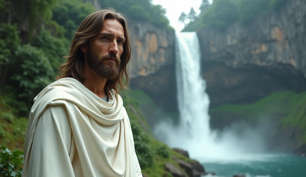 Image of Jesus with a white cloak and a waterfall in the background ...