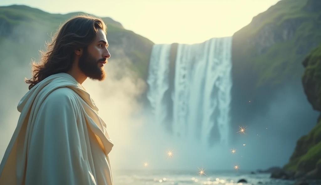 Image of Jesus with a white cloak and a waterfall in the background ...