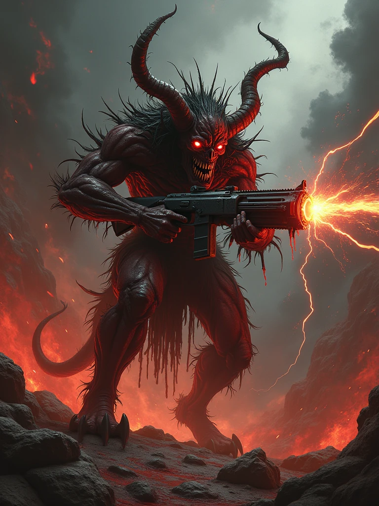 A gun, demonic face, some blood, violence, hell, shooting projectiles ...