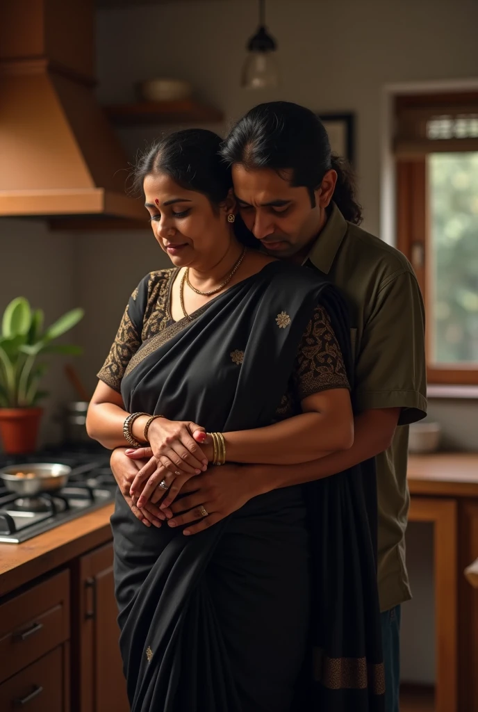 A Kerala aunty is working in the kitchen when her husband hugs her from ...