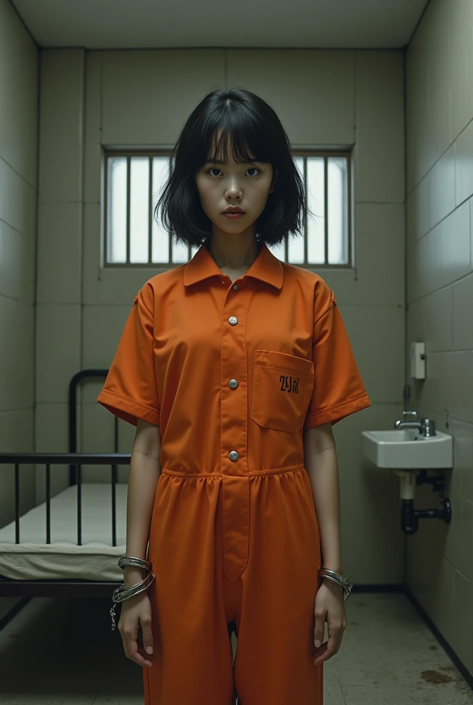 A cute girl in orange prison uniform shackled and handcuffed in her ...