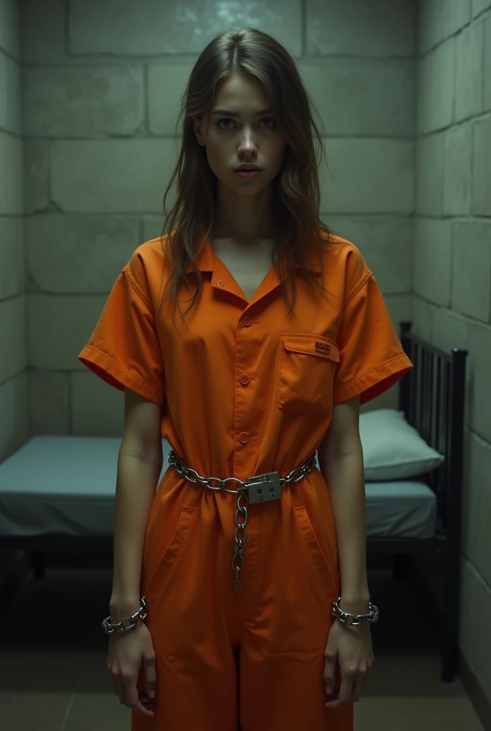 A cute girl in orange prison uniform with all the buttons locked ...