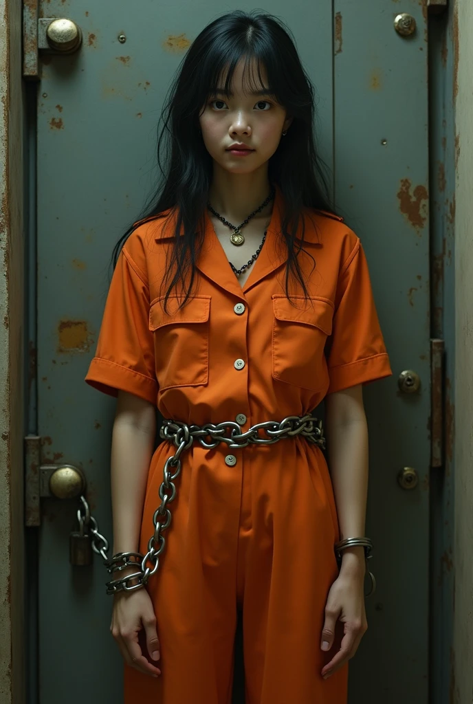 A cute girl in orange prison uniform with all the locked shackled with ...