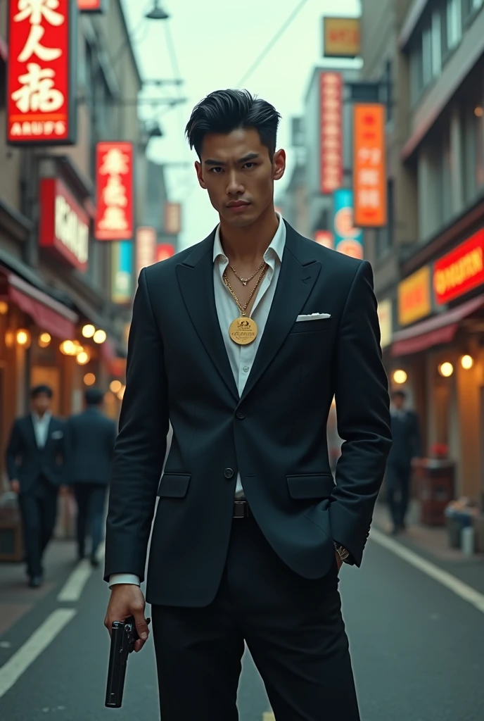 Handsome young japanese mafia standing in the middle of japan street ...