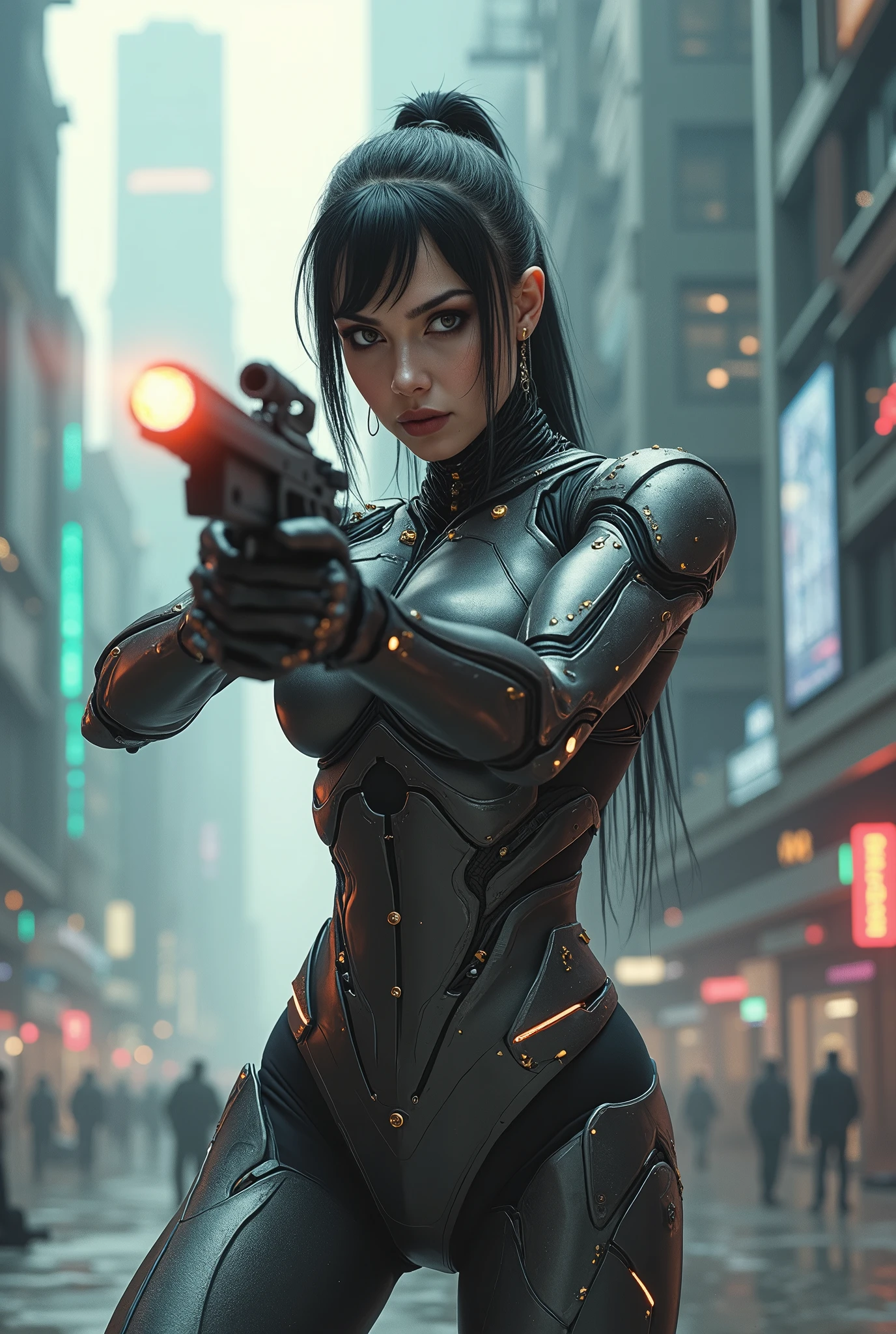 Cyber woman in a futuristic suit holding a gun in a city - SeaArt AI