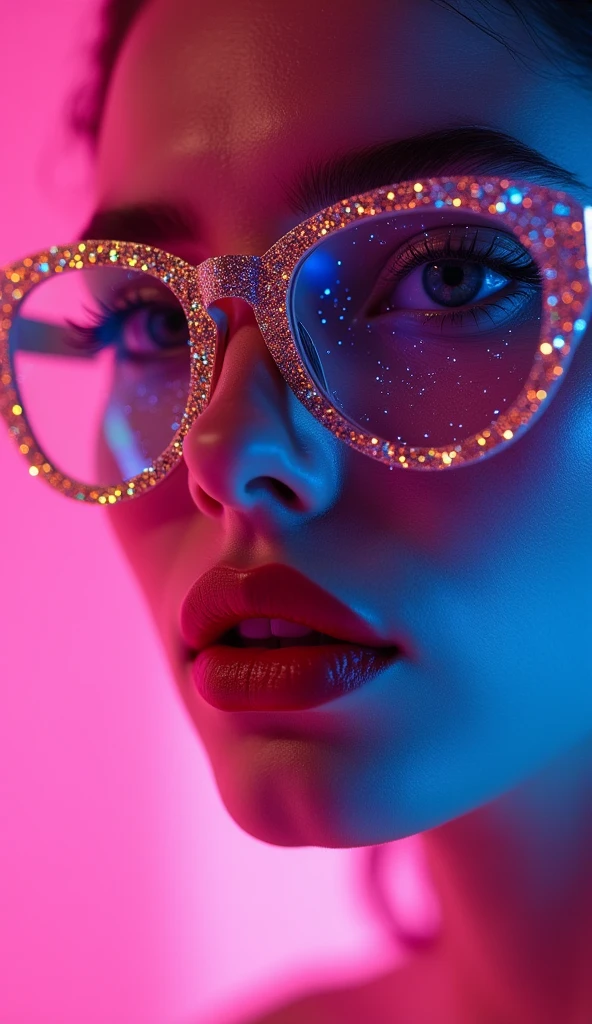 Neon-lit close-up, A hyper-realistic close-up of a beauty supermodel ...