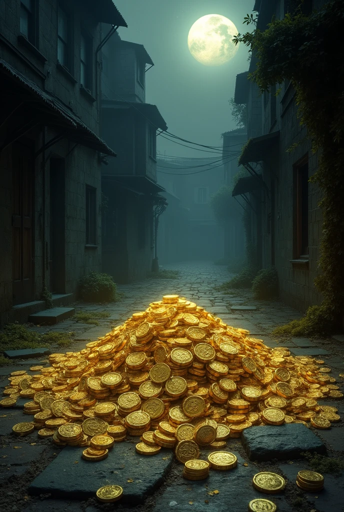A pile of gold coins in an abandoned city street, under the night sky ...