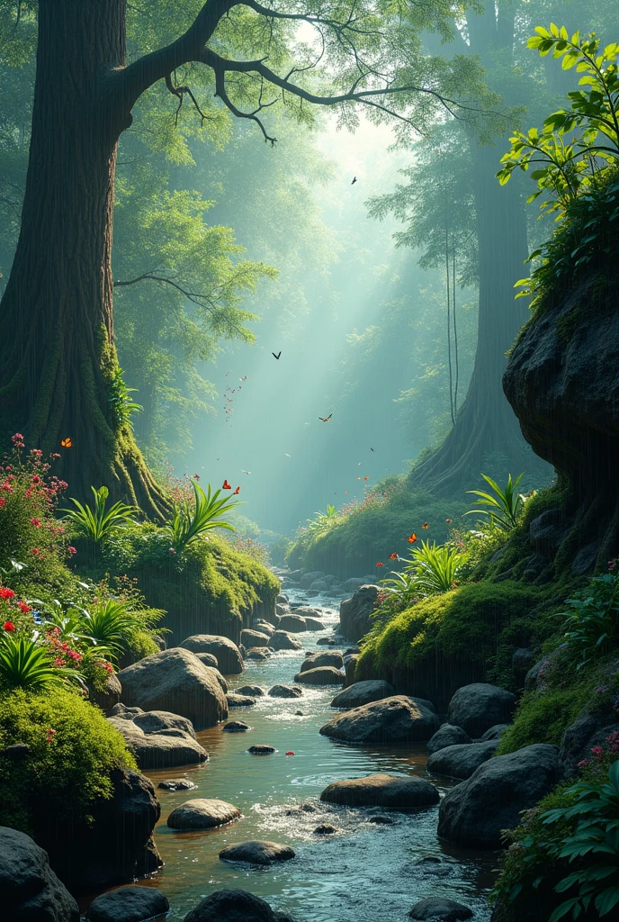 High resolution 4K photos 8k in a deep forest filled with various types ...