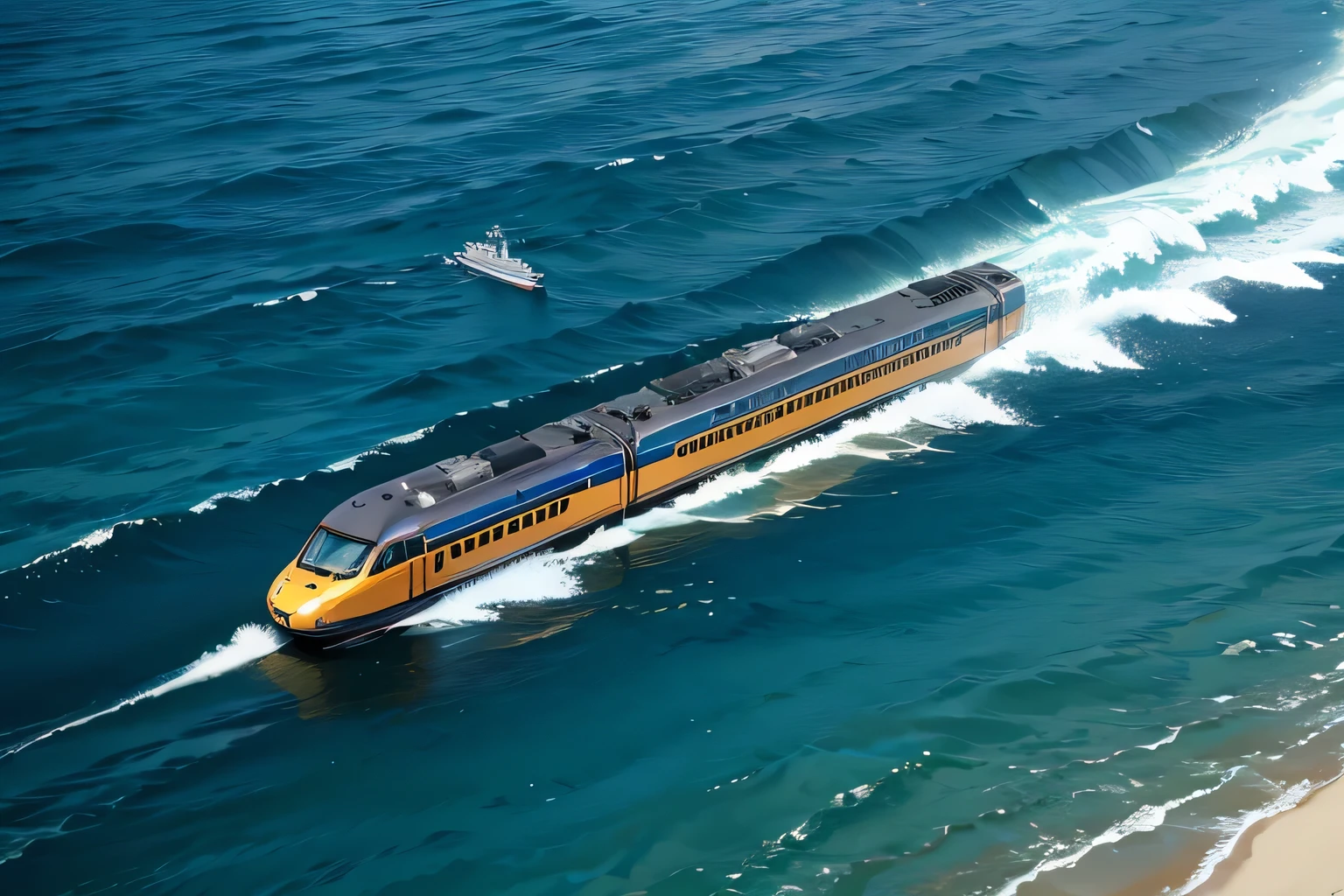 There is a train that is traveling on the water near the beach - SeaArt AI