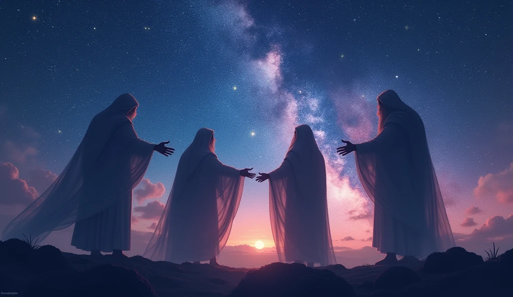 "Create a captivating illustration of four ethereal silhouettes of ...