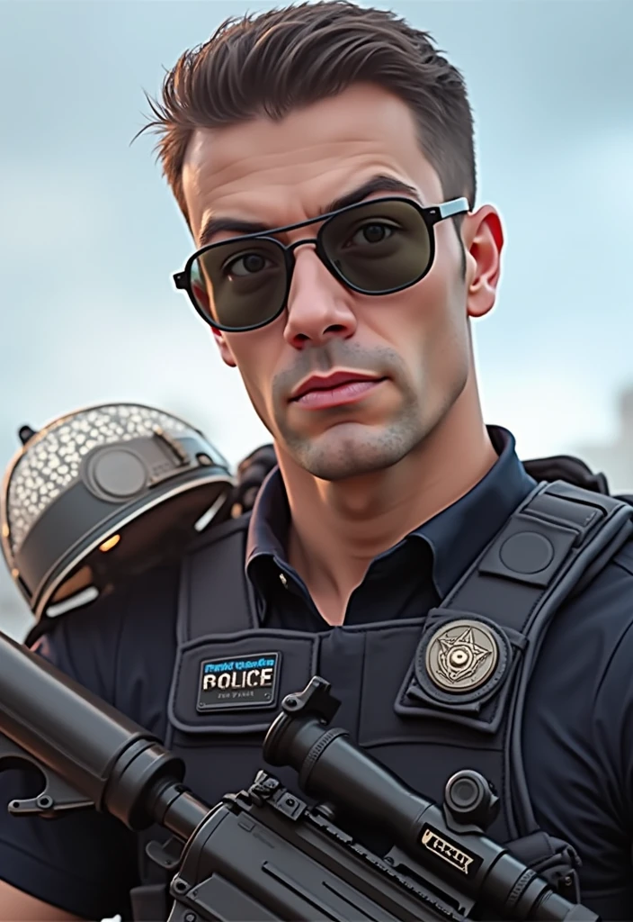 Fearless police officer, very good warrior, rifle in hand, vest and ...