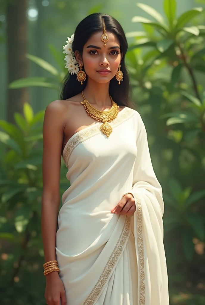 A Kerala adult girl in onam white saree - SeaArt AI