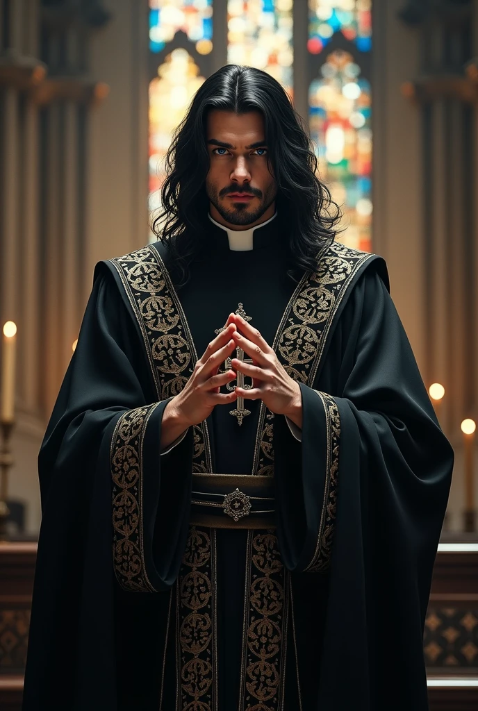 A handsome black-haired priest - SeaArt AI