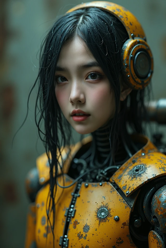 Discarded android-cyborg girl, sad empty stare, filthy hair, perfect ...