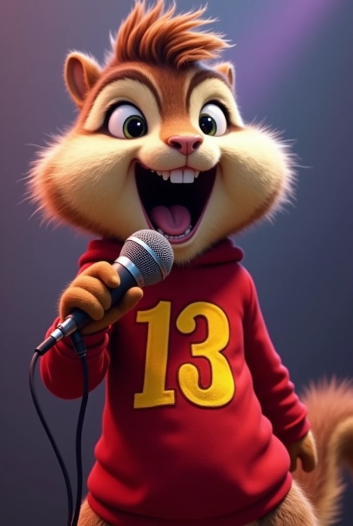 Alvin with a red t-shirt with the digit 13 and singing into the ...