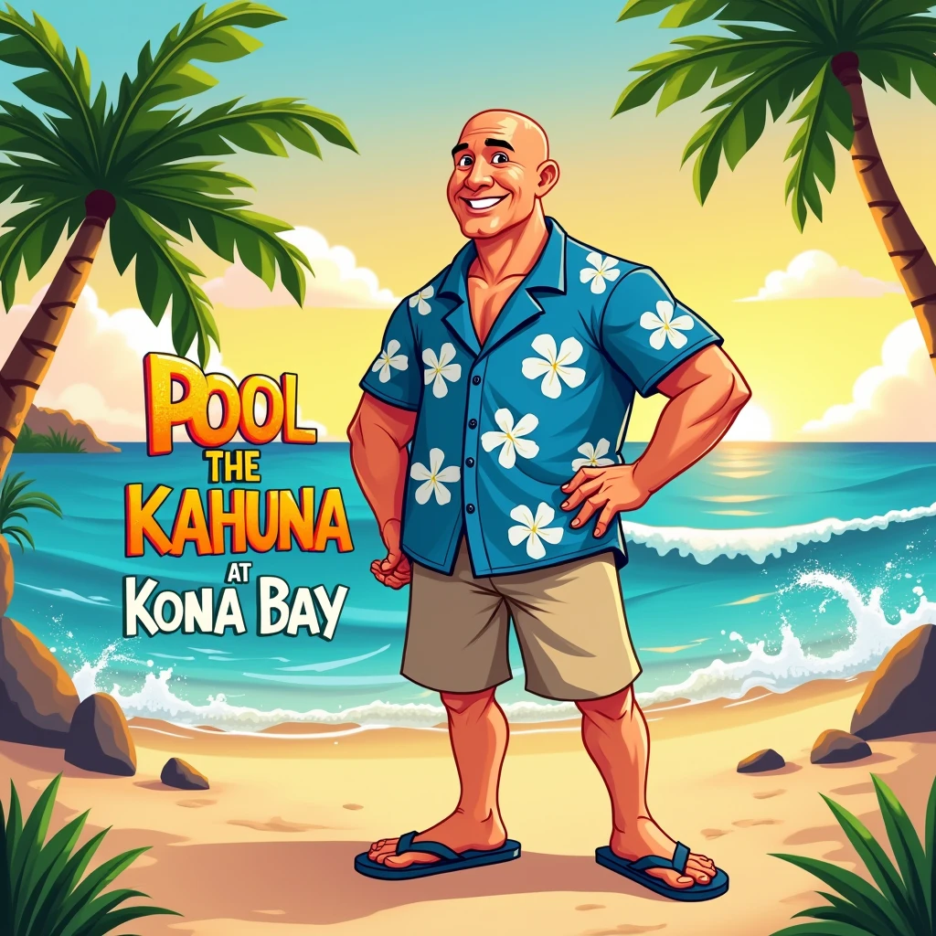Create a fun, vibrant cartoon of a happy, bald man wearing a blue ...