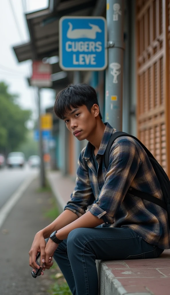 Realistic photography. Indonesian youth sad expression sitting on the ...