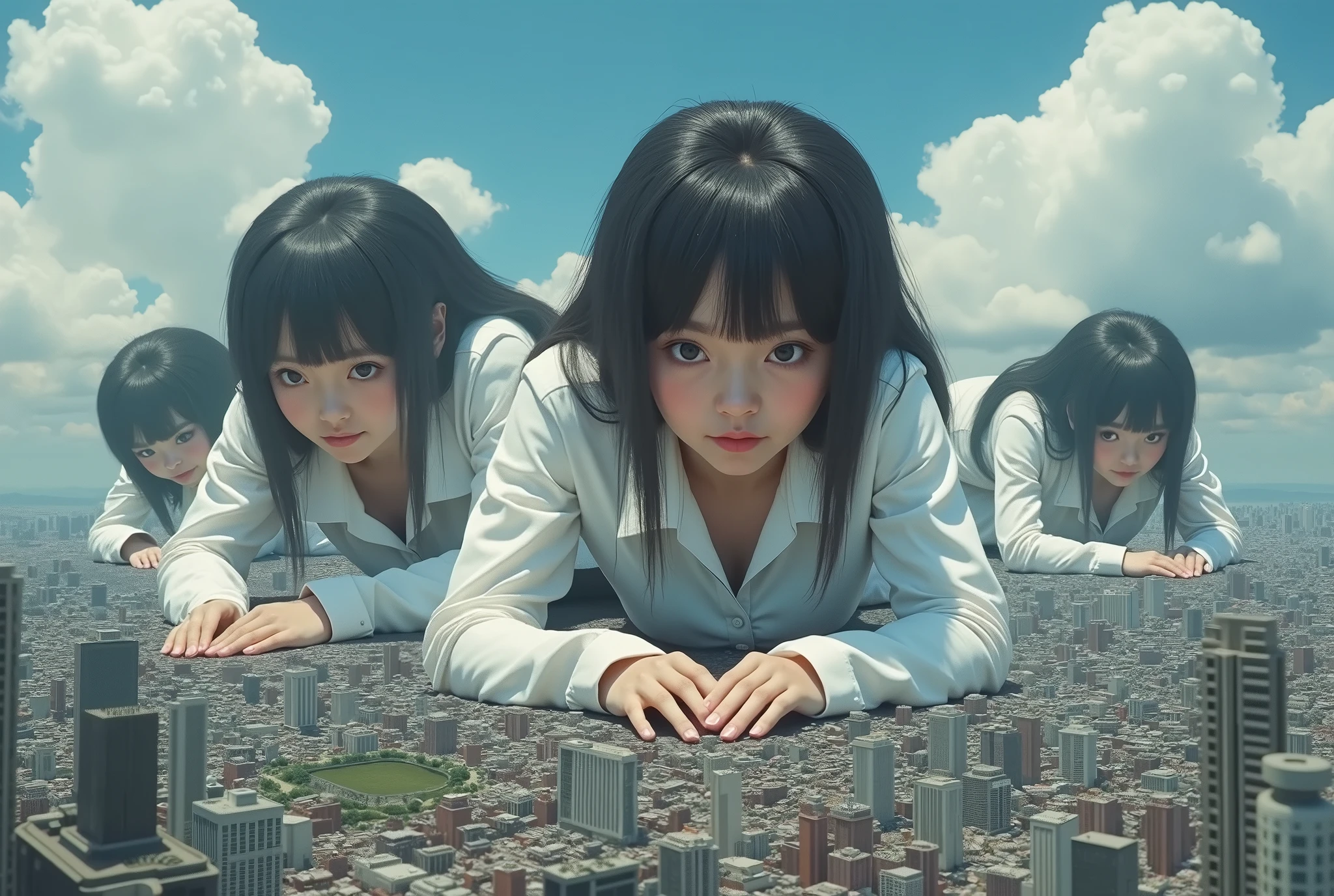 There are three girls laying on the ground in front of a city - SeaArt AI
