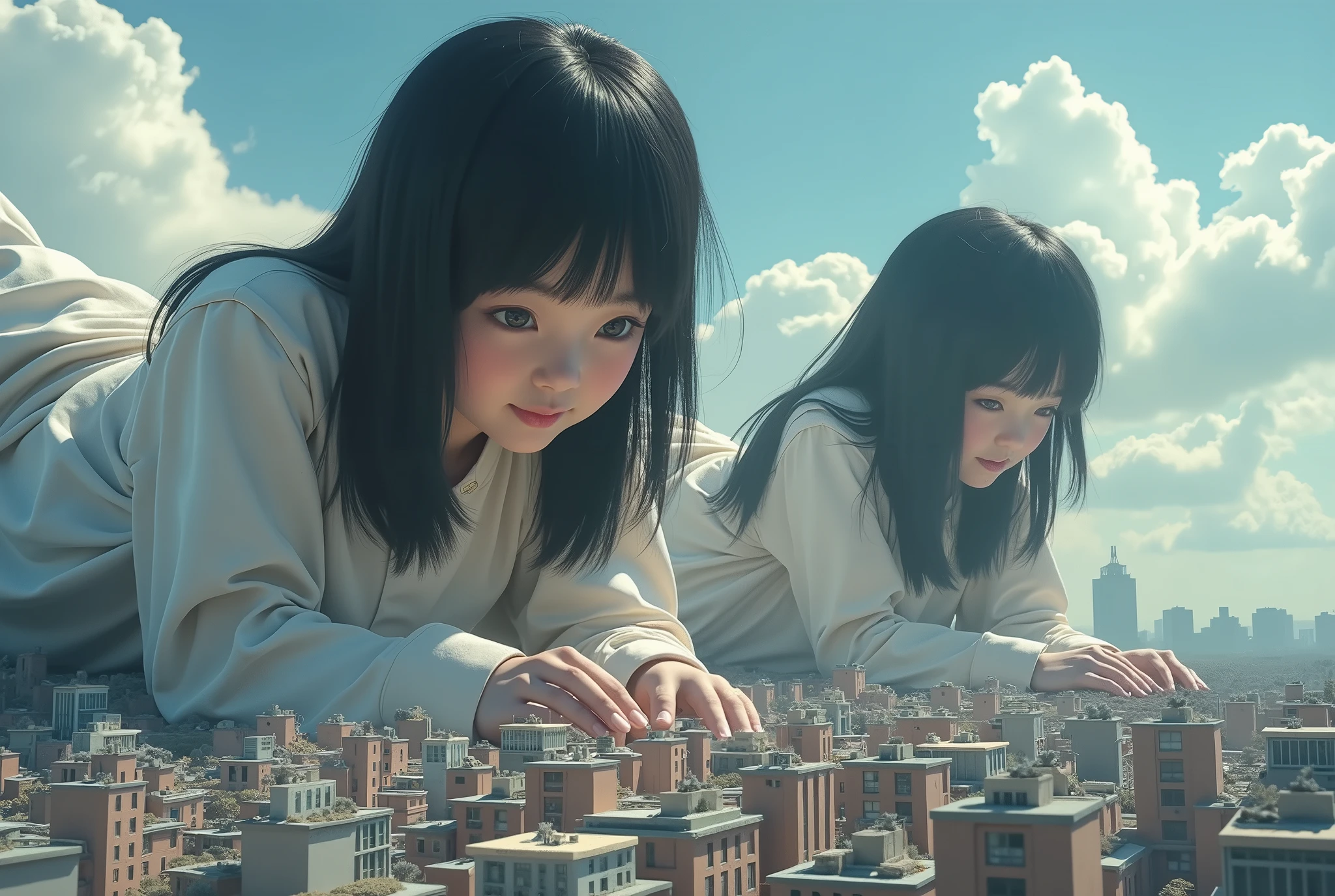 Two women laying on top of a building with a city in the background ...