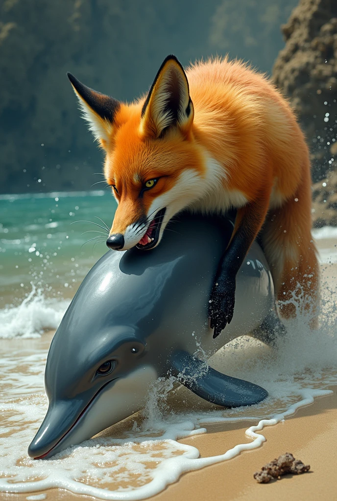 A fox eating a dolphin for lunch - SeaArt AI