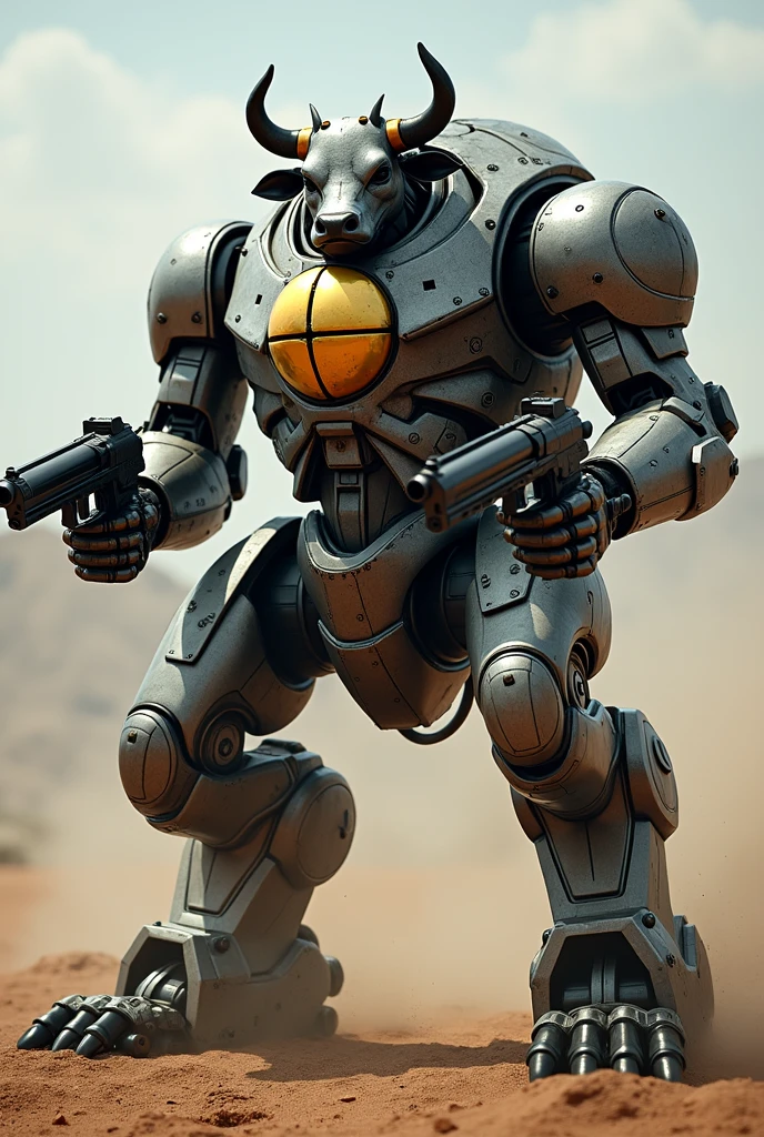 White and black female cow armor robot wearing a big golden cowbell ...