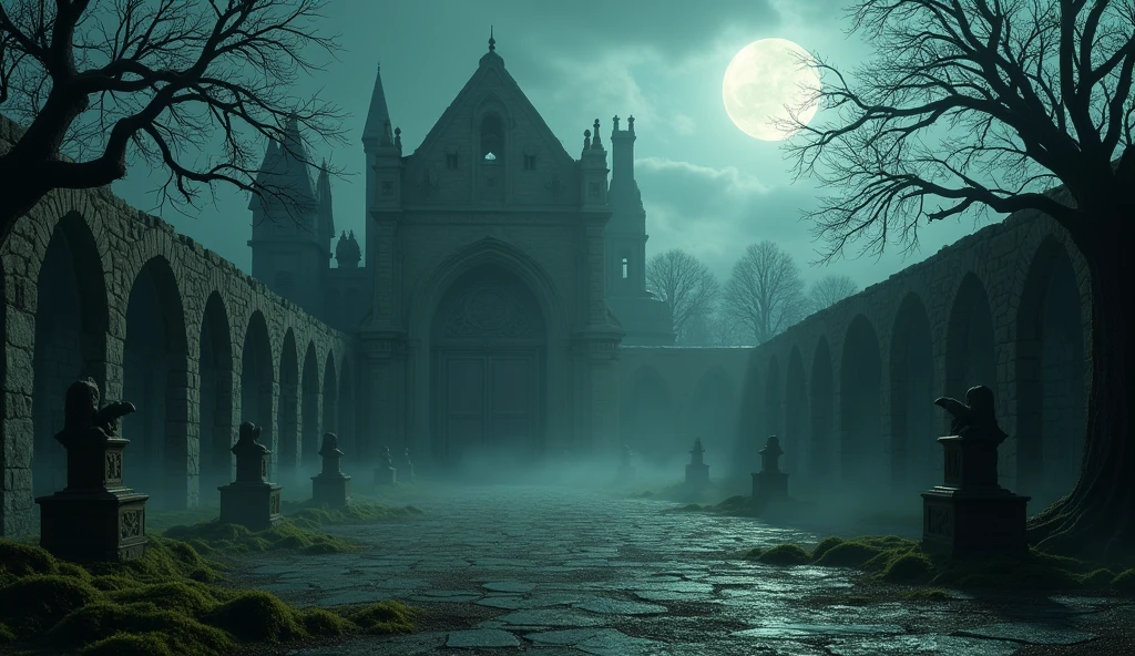 A haunting forgotten ruins, dark, dense fog, ominous night sky - SeaArt AI