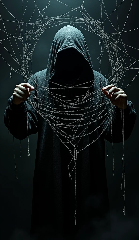 "Generate an image of a person weaving a spider web with manipulative ...