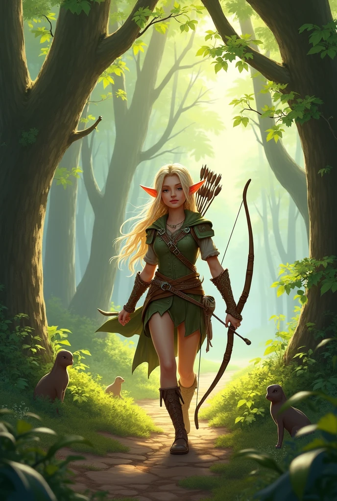 Cute blonde elf huntress warrior have fun hunting in the forest - SeaArt AI